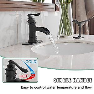 BWE Black Bathroom Faucet Matte Waterfall Sink Farmhouse Bath Vanity Single Hole Bundle with Kitchen Sink Faucet with Deck Plate Matte Black with Pull Down Sprayer 3 Spray Modes
