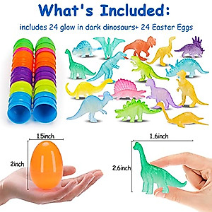 24 PCS Easter Eggs Filled with Dinosaur Toys for Kids Glow in Dark Easter Basket Stuffers for Toddler Boys Girls Easter Gifts Decorations Egg Hunt Games Goodie Bags Pinata Fillers Dino Party Favors