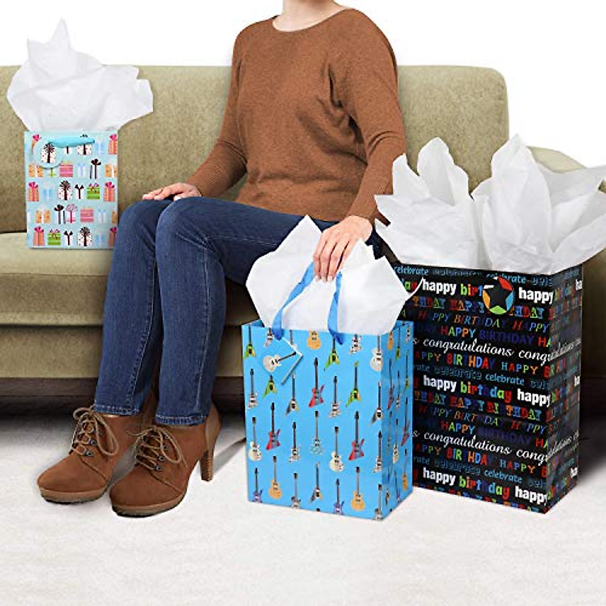 12 Pcs Birthday Gift Bags, Large, Medium and Small Gift Bags Assortment for Boys, Girls, Women, Men (Assorted Sizes)