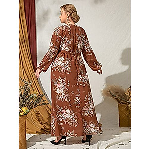 WDIRARA Women's Plus Size Floral Print V Neck Belted Bishop Long Sleeve Dress Brown 3XL