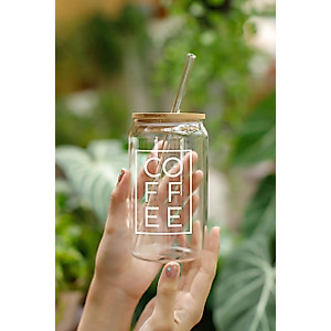 NewEleven Cute Glass Coffee Cups With Lids And Straw – Aesthetic Cups – Iced Coffee Cup, Coffee Tumbler, Glass Tumbler – Cute Gifts For Women, Coffee Lover - 16 Oz Coffee Glass