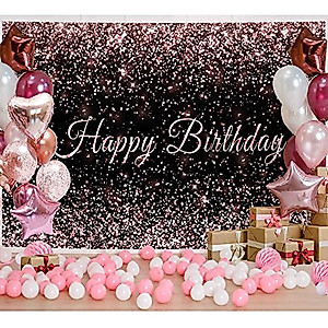 Haboke 7x5ft Durable Fabric Happy Birthday Backdrop Pink and Black Shiny Gold dot Glamour Sparkle Sweet Photography Background for Kids Adults Birthday Party Decorations Supplies Photo Studio Props …
