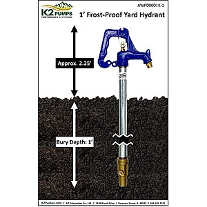 K2 Pumps Lead-Free 1' Frost Proof Yard Hydrant, Overall Length: 3.25'; Bury Depth: 1'; Above Ground: 2.25', Model AWP00001K-1
