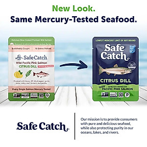 Safe Catch Skinless and Boneless Wild Pacific Pink Salmon Pouch, Citrus Dill Seasoned, Mercury Tested, Kosher, 2.6oz Pouches, Pack of 12