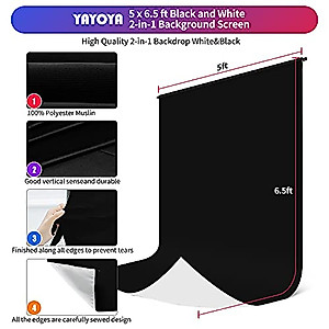 YAYOYA Black White Backdrop Screen with Stand Kit 5x6.5ft for Photo Video Studio, 2-in-1 Revisible Black Backdrop White Screen with T-Shaped Photography Background Support Stand and 5 Backdrop Clamps