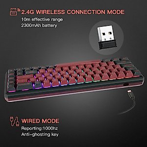Darmoshark 2.4GHz Wireless/Wired Mechanical Keyboard — 65% (68 Key) Gaming Keyboard, Hot-Swap Switches, Programmable Macros, RGB LED Backlit, Type-C, PBT Spherical Keycap(Gateron Brown, Cherry Red)