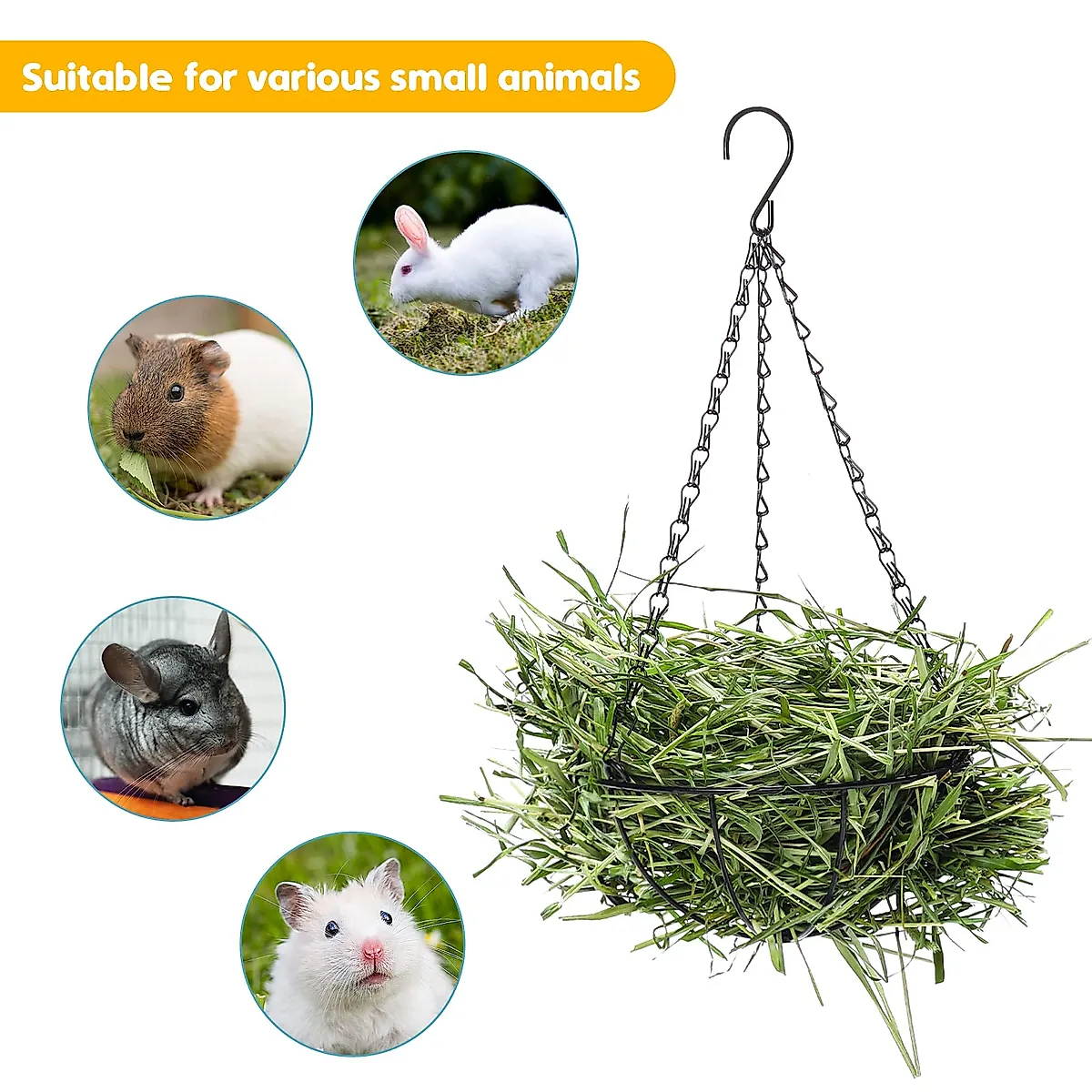 VCZONE Metal Frame Rabbit Hay Feeder with Hanging Basket, Timothy Hay and Coconut Fiber Nest, for Guinea Pig, Rabbit, Chinchilla