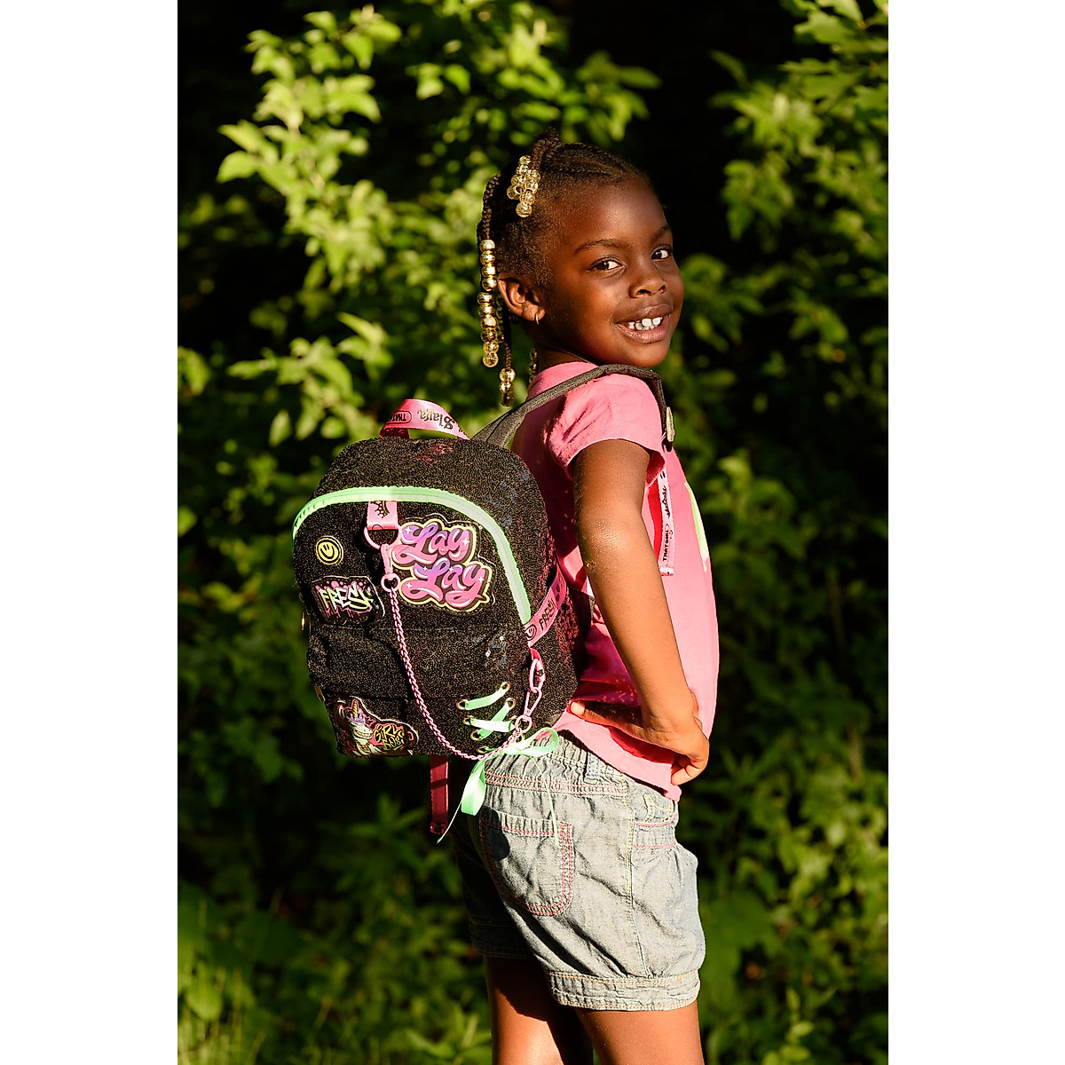 That Girl LayLay Mini Backpack PURSE for Girls, 10 inch, Sequin Material with Lace Up Grommet Details & Appliqued Patches, Adjustable Shoulder Straps, Light Weight Travel bag for kids