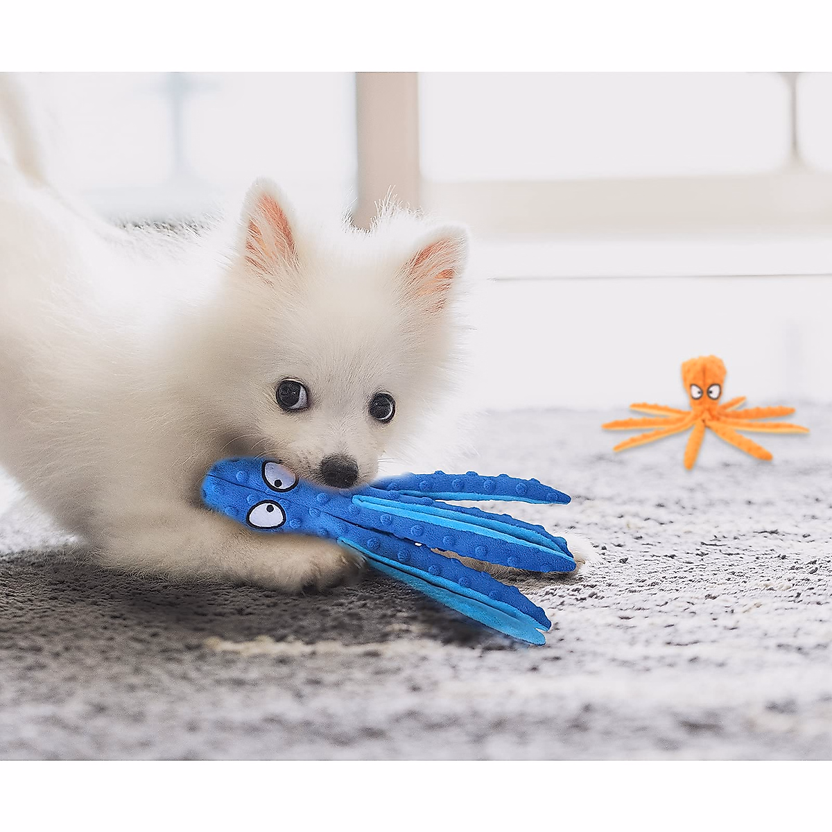 WishLotus Octopus Dog Chew Toy, No Stuffing Plush Dog Squeaky Toy with Crinkle Paper in Legs, Corduroy Interactive Dog Play Toy Dog Teething Toy for Small, Medium Dogs (Orange)