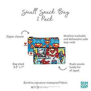 Bumkins Snack Bags, Reusable Fabric, Washable, Food Safe, BPA Free - DC Comics Superman , 7x7 Inch (Pack of 2)