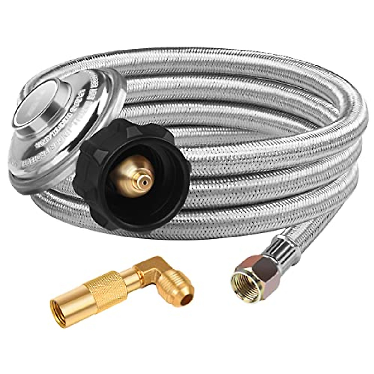 DOZYANT 6 Feet Braided Propane Regulator and Hose, QCC1 Universal Grill Regulator Replacement Parts with 90 Degree Elbow Adapter for Blackstone 17 inch and 22 inch Tabletop Griddle Grill