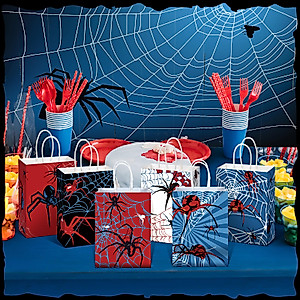 Epakh 24 Pcs Spider Party Favors Bags with Handles Spider Birthday Party Decorations Double Sided Spider Web Printed Goodie Candy Bags for Kids Boys Spider Party Favors(Black, Red, blue,Classic)