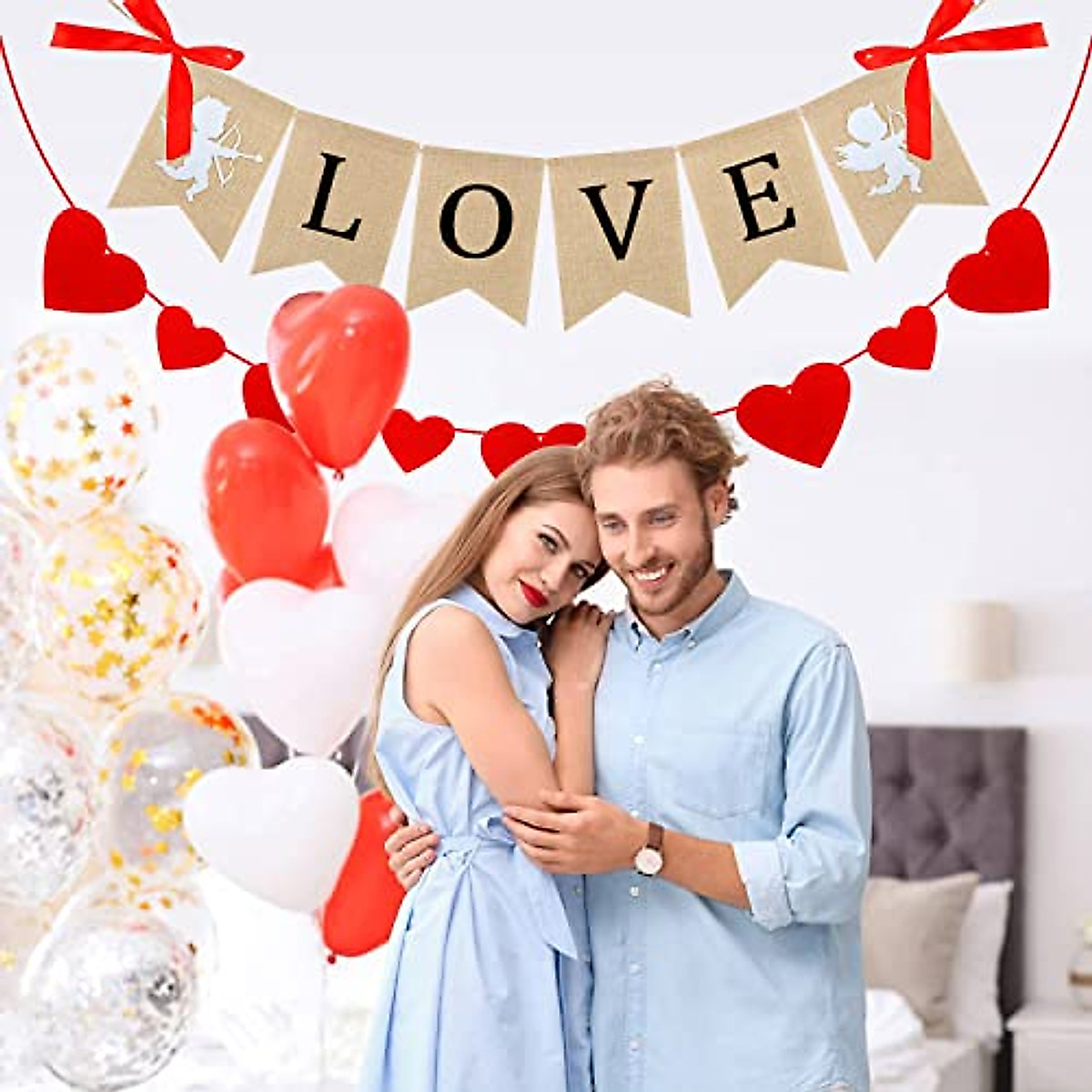 2 Pack Valentines Day Garland Valentines Day Decor Burlap Banner Rustic Love Hanging Banner Valentines Decoration Felt Heart Garland Banner Bunting Photo Props Party Supplies for Mantle Fireplace Wall