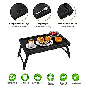 Bed Breakfast Tray Table Serving Lap Food TV Dinner for Eating with Folding Legs Black Bamboo