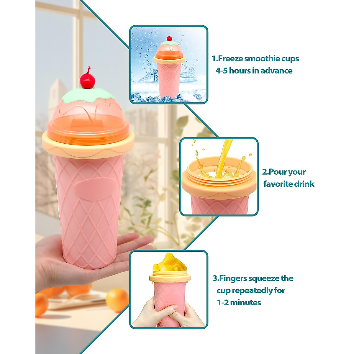 Slushie Cup, Smoothie Cups with Lids & Straws, Slushy Cup for Juices, Milk and Ice Cream Make, Portable Frozen Magic Slushie Cup Maker for Kids, Friends and Family (Pink)