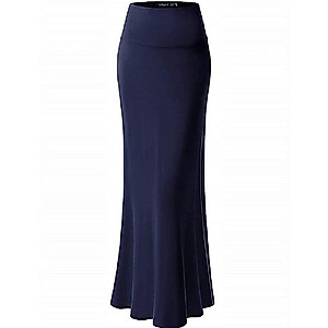 ShezPretty Women's Premium Fold Over High Waist Long Floor Length Maxi Skirt (Medium, Navy)