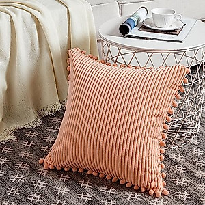 Fancy Homi Pack of 2 Peach Decorative Throw Pillow Covers 18x18 Inch with Pom-poms for Couch Bed Living Room Bedroom, Farmhouse Boho Home Decor, Soft Coral Corduroy Solid Square Cushion Case 45x45 cm