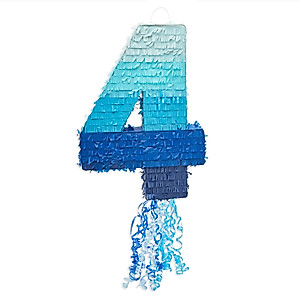 BLUE PANDA Number 4 Pull String Pinata for Boys, 4th Birthday Party Decorations, Ombre Blue (16.5 x 12 x 3 In)