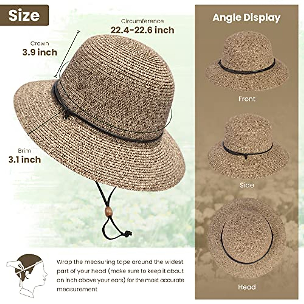 Simplicity Womens Beach Hat, Wide Brim Lightweight Straw Cute Sun Hat with Chin Strap Roll Up Sun Visor, Coffee/Brown