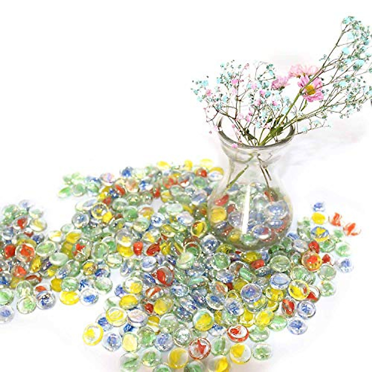 Flat Glass Marbles for Vases - 5 LB Cats Eyed Mixed Red Yellow Green Decorative Stone Beads for Vases, Crafts, Table Scatter, Aquarium Fish Tank Pebbles, Centerpieces, Gem Décor, Floral Displays