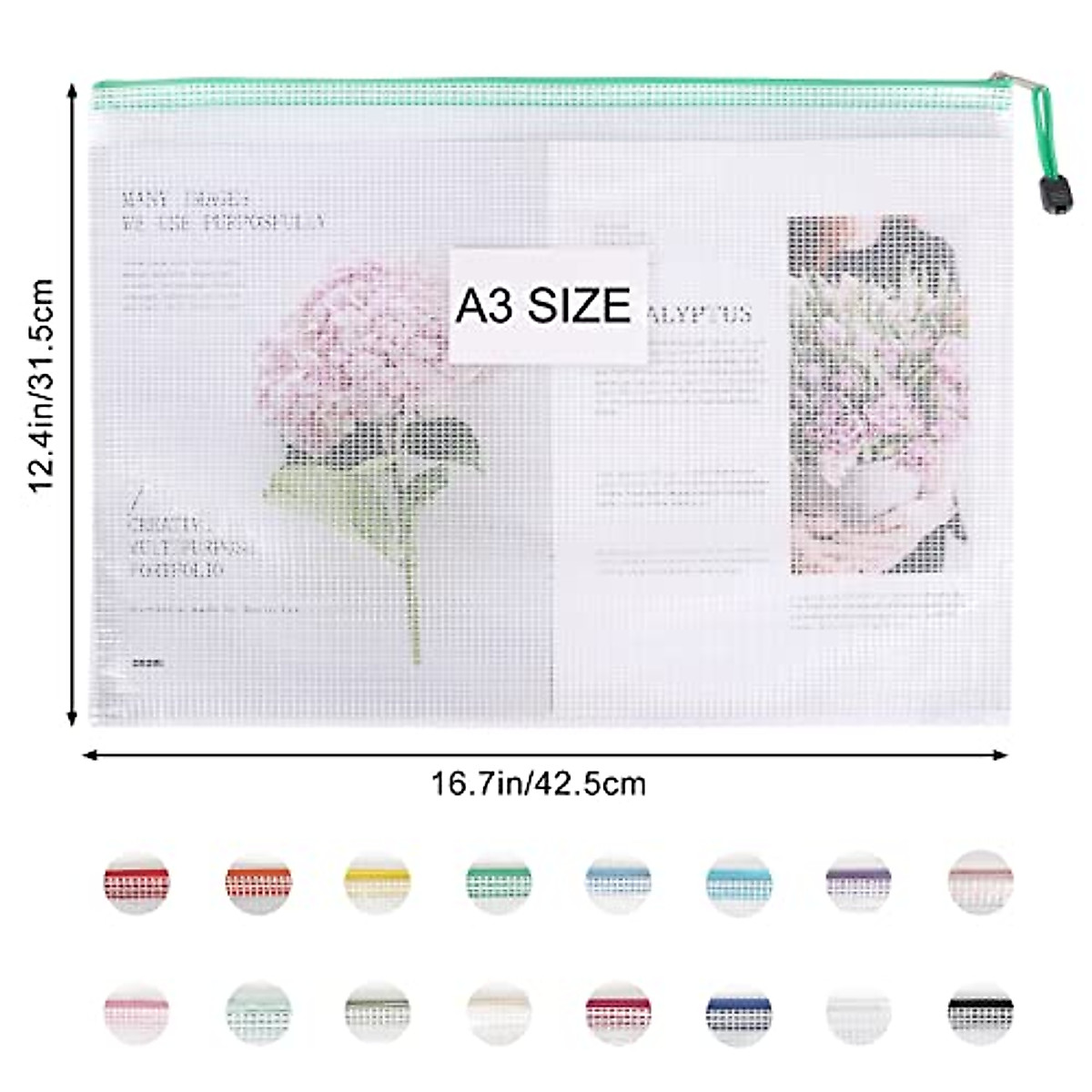 EOOUT 16pcs A3 Zipper Bags, Mesh Zipper Pouch, Document Bag with Labels, Plastic Zip File Folders in 16 Colors, Letter Size, Zipper Bags for Organizing, for School, Board Games and Office Supplies