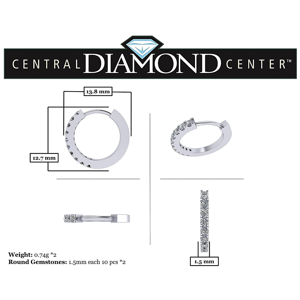 Central Diamond Center Round Huggie Hoop Earrings Zirconia in 925 Sterling Silver For Women, Men, & Teens - Platinum Plated