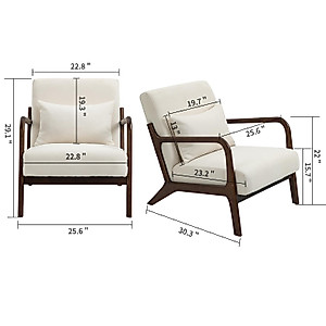 Prohon Mid Century Accent Solid Wood Frame & Waist Cushion, Comfy Upholstered Living Room Chairs, Lounge Reading Armchair for Bedroom Sunroom, Easy Assembly, White