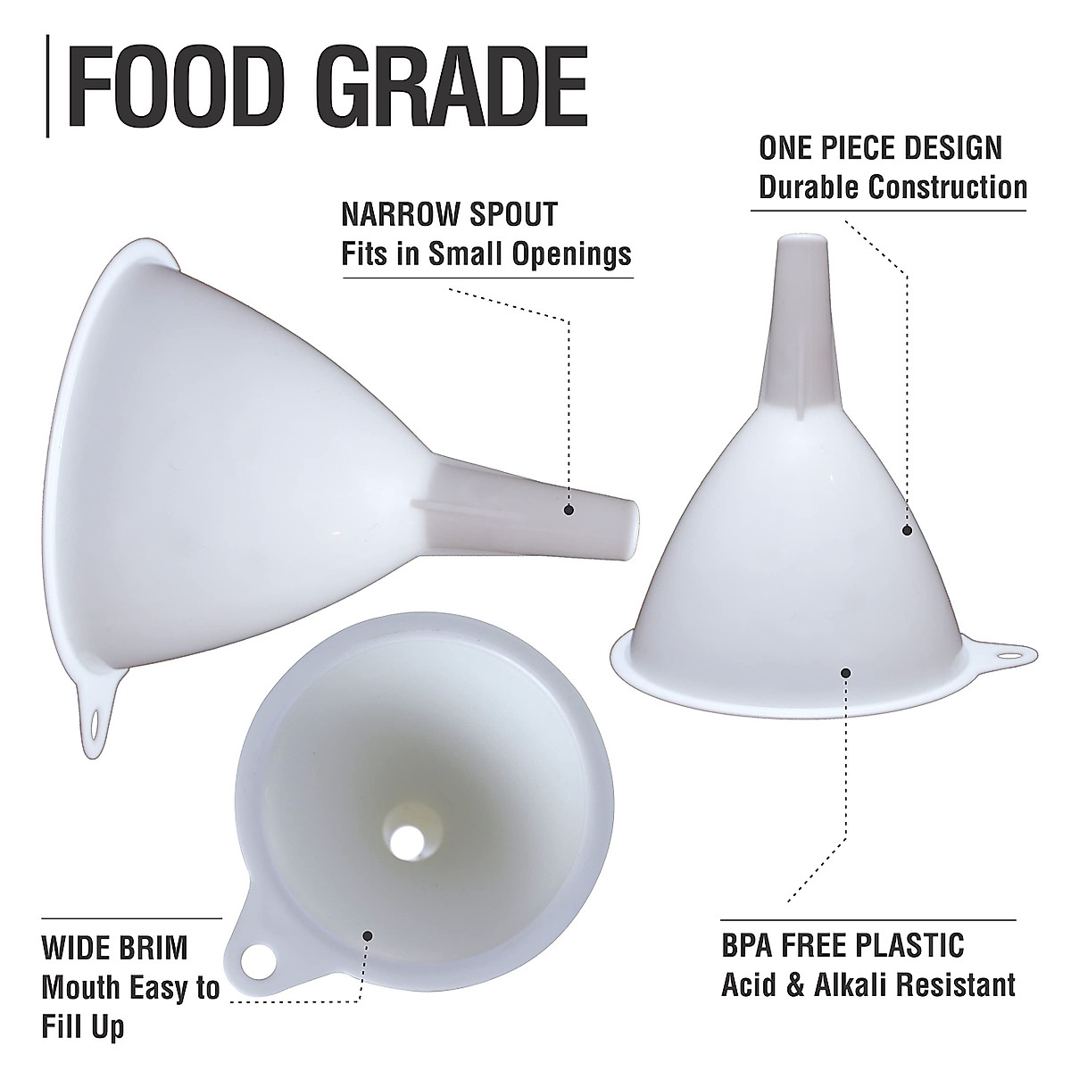 Plastic Funnels for Kitchen Use - 3 Pack of Round Kitchen Funnels for Filling Bottles, Jars & Containers - Kitchen Funnel Set with Holders - Funnels for Kitchen use Filling Bottles, Automotive Use