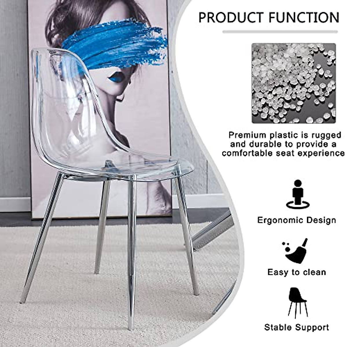 Yoluckea Crystal Clear Dining Chairs Set of 4, Modern Plastic Shell Kitchen Chairs Accent Ghost Chairs with Metal Legs for Kitchen, Dining, Living, Guest, Bed Room (Silver Frame)