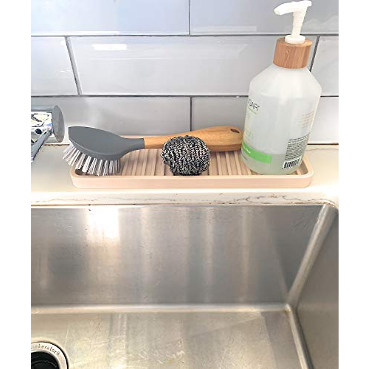 Happitasa Silicone Kitchen Sink Organizer Tray, Sponge Holder and Countertop Protector | Straight Lines Style (SAND DOLLAR, 12"x4")