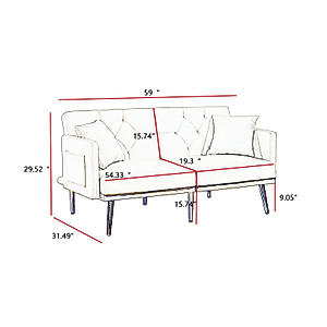 ROCKINGRUN 59'' Convertible Velvet Sofa Bed, Loveseat Sofa Bed with Metal Support Feet, Modern Comfy Loveseat Couch, Adjustable Backrest, Stylish Tufted Sofa Bed for Living Room, Bedroom (Cream White)