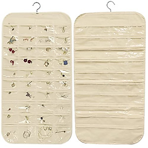 KIMCHOMERSE Hanging Jewelry Organizer Double Sided 80 Pockets Jewelry Storage Holder Bag for Home and Travel to Organize Necklaces Bracelets Earrings Rings Chains Hairpin Headband - Beige