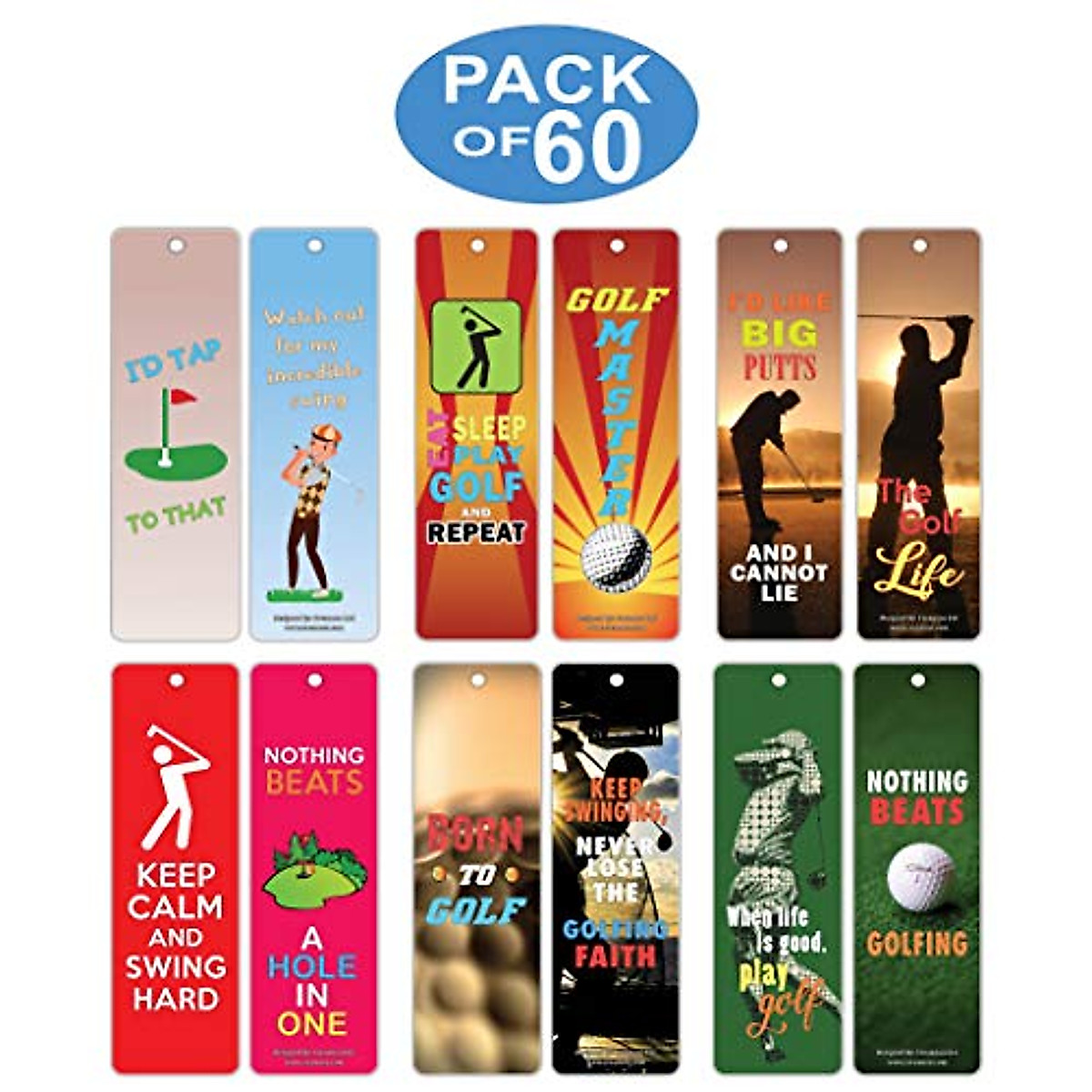 Golf Bookmarks Cards (60-Pack) – Six Assorted Quality Inspiring Inspirational Motivational Sayings Bookmarks Bulk Set – Premium Gift for Golfers Golf Tournament