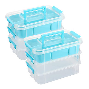 BTSKY 3 Layer Stack & Carry Box, Plastic Multipurpose Portable Storage Container Box Handled Organizer Storage Box with Removable Tray for Organizing Sewing, Art Craft, Supplies Blue
