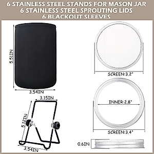 6 Pack Sprouting Lids with Stainless Steel Sprouting Jar Stands, Blackout Sleeves, Sprouting Kit for Wide Mouth Mason Jar, Organic Sprouts