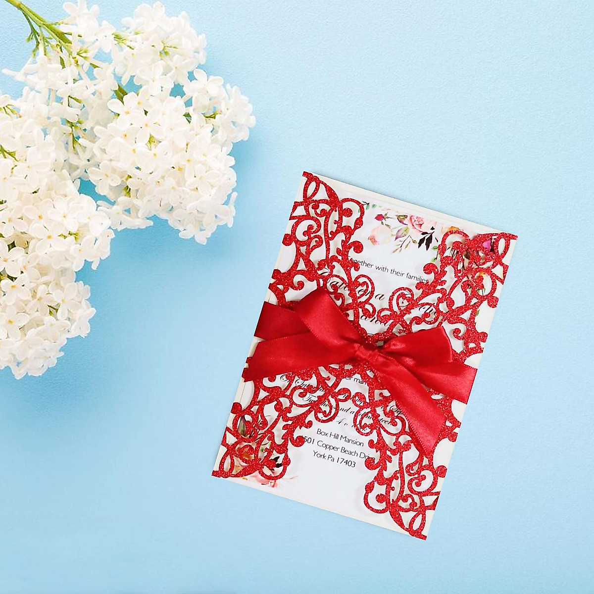 KALOPEZY 25PCS Wedding Invitation Red invitations Red Powder Floral Laser Cut with Blank Inner Sheet Envelopes and Ribbons for Wedding Engagement Bridal Bridal Shower Invite