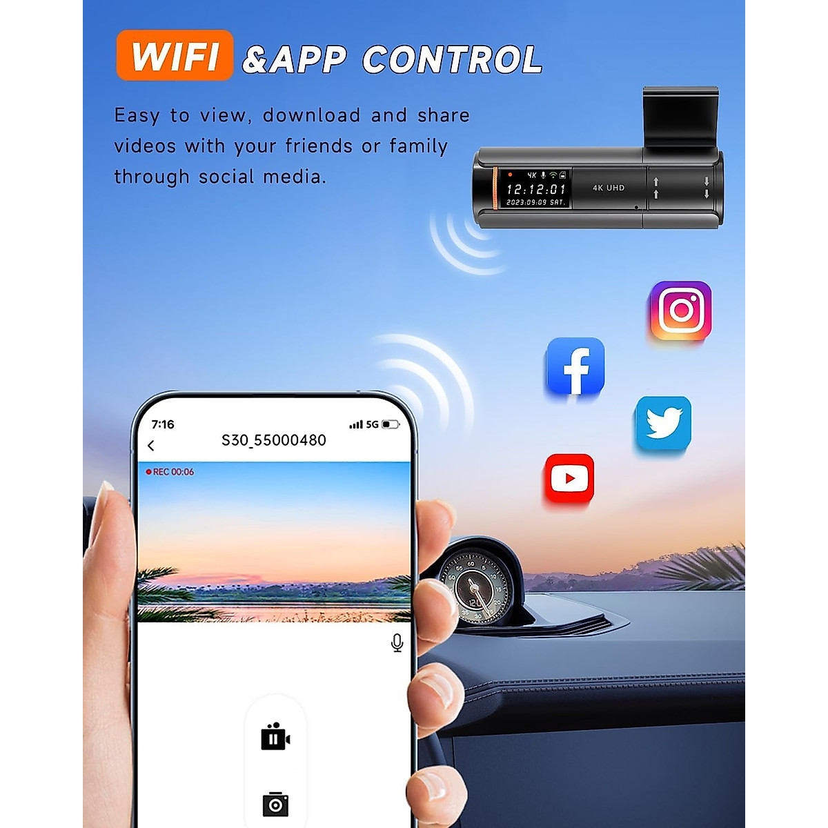 Dash Cam 4K WiFi Front Dash Camera for Cars, E-YEEGER Car Camera 2160P Wireless Mini Dashcams with App, Driving Recorder with 24H Parking Mode, Night Vision, G-Sensor, Free 32G Card, Support 256G Max