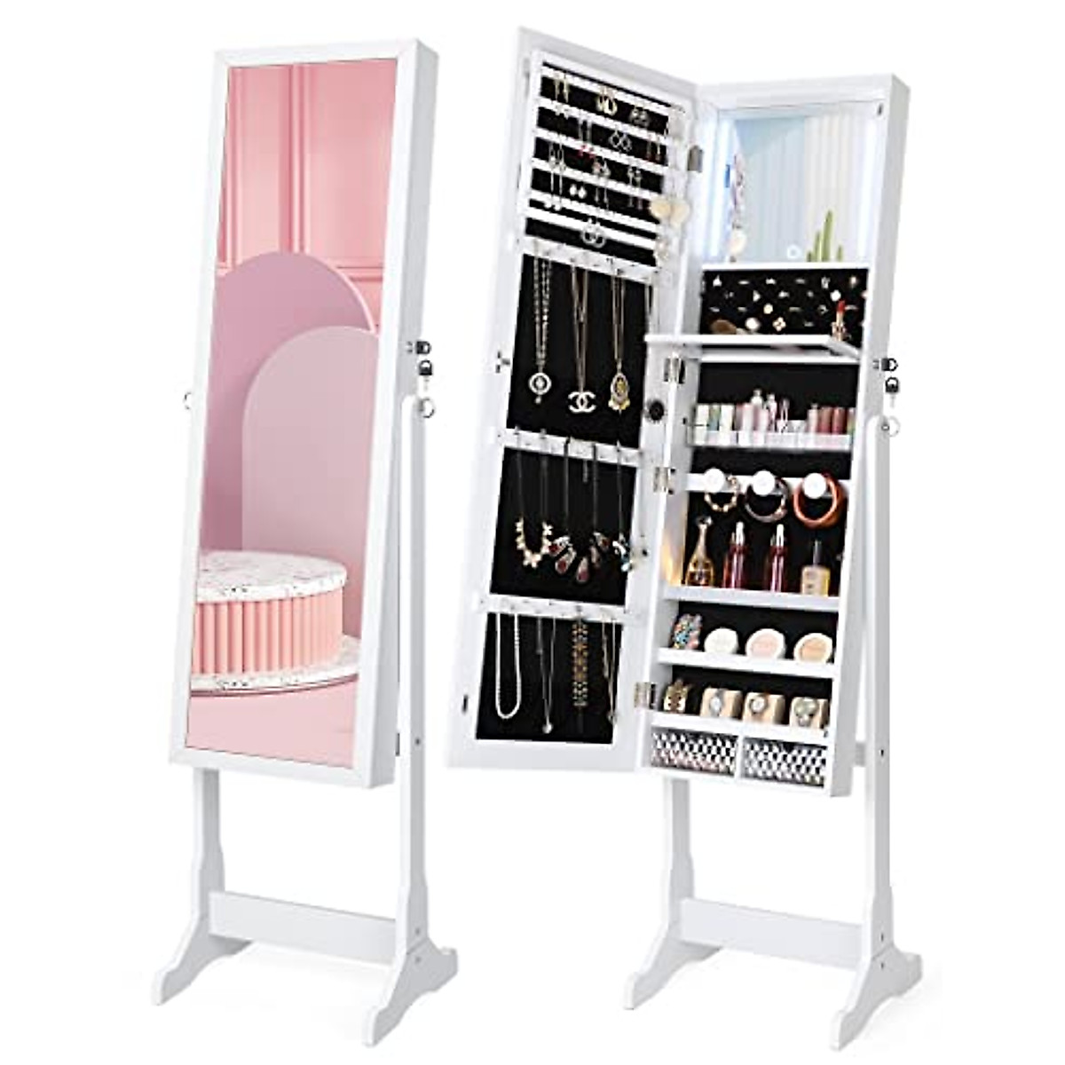 Nicetree Touch Screen LED Jewelry Organizer, Freestanding Full Length Mirror Jewelry Cabinet, Standing Mirror with Jewelry Storage, 2 Drawers, Foldable Makeup Shelf，White