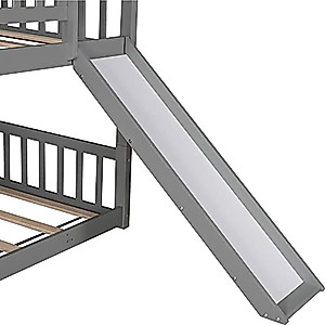 Wood Twin Triple Bunk Bed, Kids Triple Floor Bunk Beds with Slide, 3 Bunk Beds Twin Over Twin Over Twin Size, Converted Bunk Beds. Grey