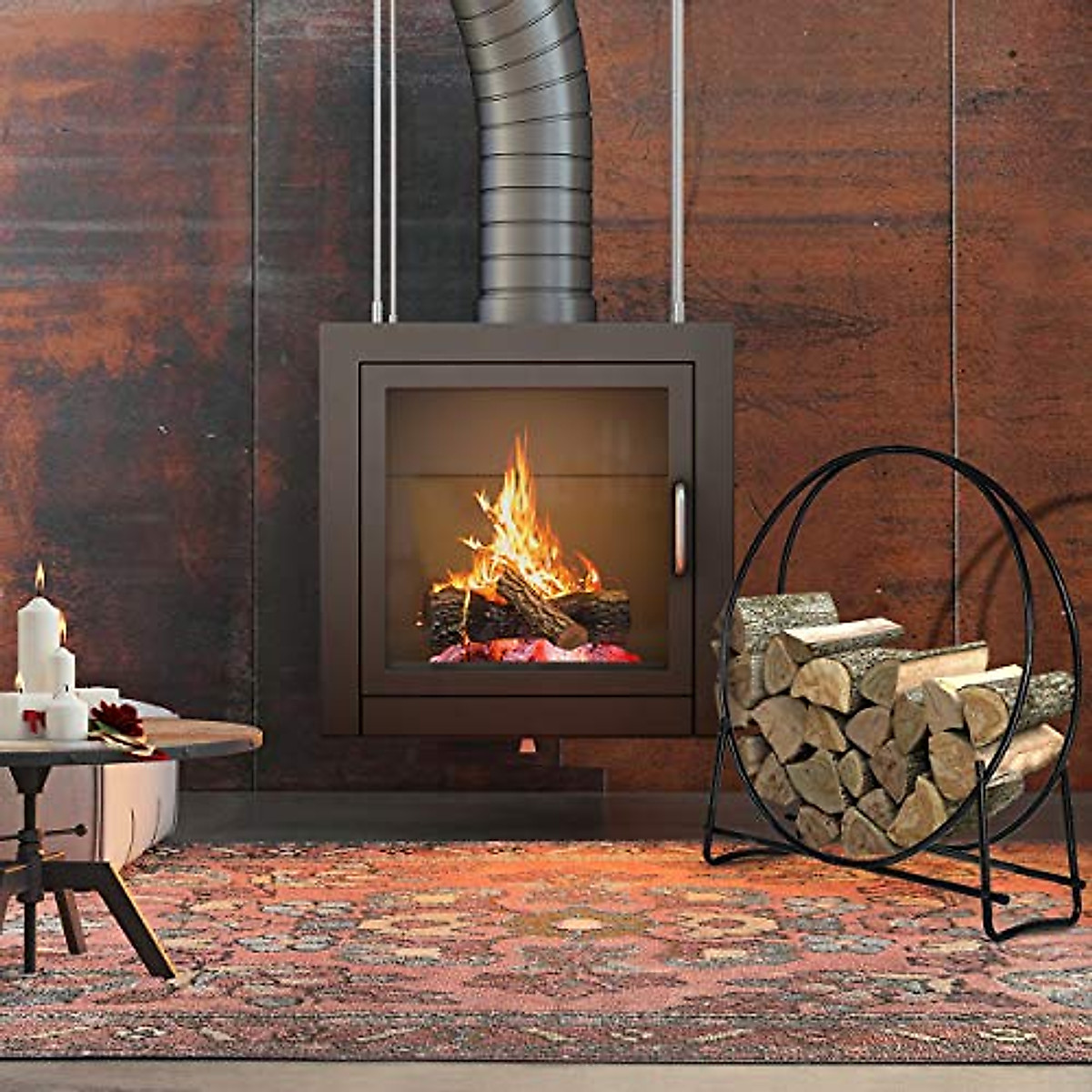 GOFLAME 41 Inch Firewood Log Rack, Round Tubular Steel Fireplace Wood Storage Holder for Indoor & Outdoor Fireplace Pit, Heavy Duty