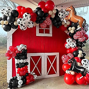 Western Cowboy Balloons Arch Garland Kit, 131PCS Red Black Gold Cow Print Balloons with 30 Inch Large Horse Foil Balloons for Horse Racing Kentucky Derby Day Birthday Party Decorations