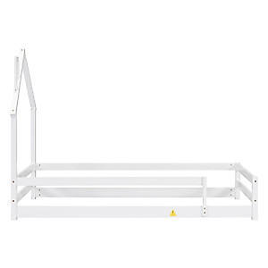 Harper & Bright Designs Twin Size Floor Bed with Rails and House-Shaped Headboard, Wood Twin Montessori Floor Bed Frame,Twin Platform Bed,Twin House Bed for Kids Girls Boys, Box Spring Needed (White)