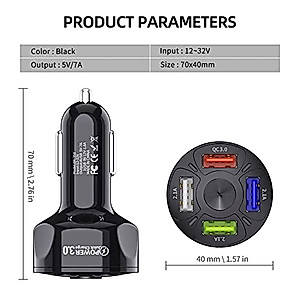 Amiss QC3.0 Car Charger Adapter, 4 Ports USB Car Charger, Fast Charging Electronic Devices with USB Interface, Car Interior Accessories, Compatible with Apple, Android - Black