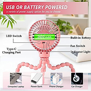 YKLWORLD Mini Stroller Fan, Handheld Portable Fan with Flexible Tripod, USB or Battery Powered Personal Desk Fan 3 Speeds Baby Fan with LED Light & Aromatherapy for Car Seat Crib Bike Treadmill - Pink