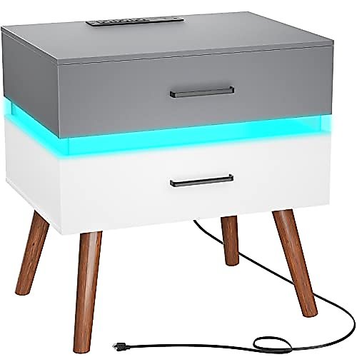 armocity Nightstands with Charging Station and LED Light, Bedside Table with 2 Drawer, Modern Night Stand with Charging Port, Sturdy NightStand with Light for Bedrooms, Guest Room, Gray and White