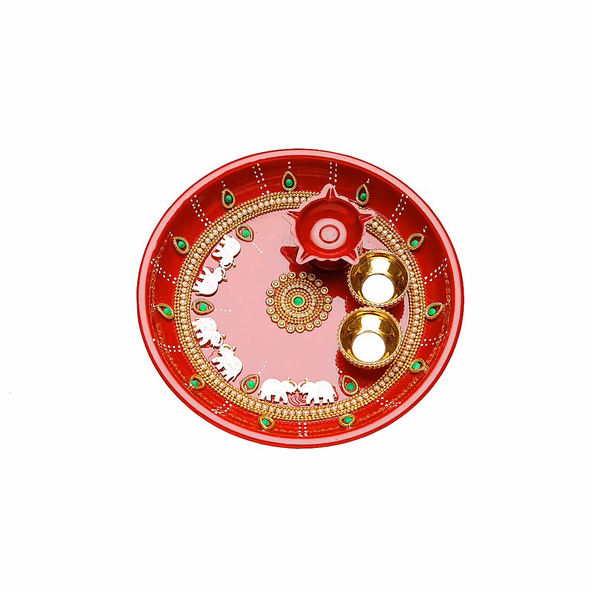 Decorative Red Thali Plate Platter with Rakhi for Brother small Decorative Puja Pooja Thali with Thread for Bhai Bhabhi Festival Raksha Bandhan Gift Set, Aarti Pooja Rituals & Gifting ( Size- 6")