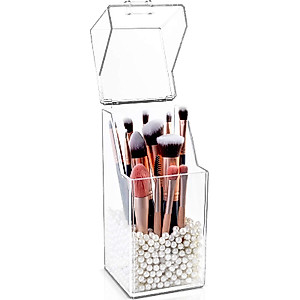 InnSweet Makeup Brush Holder Organizer, Dustproof Cosmetics Brush Storage with White Pearls