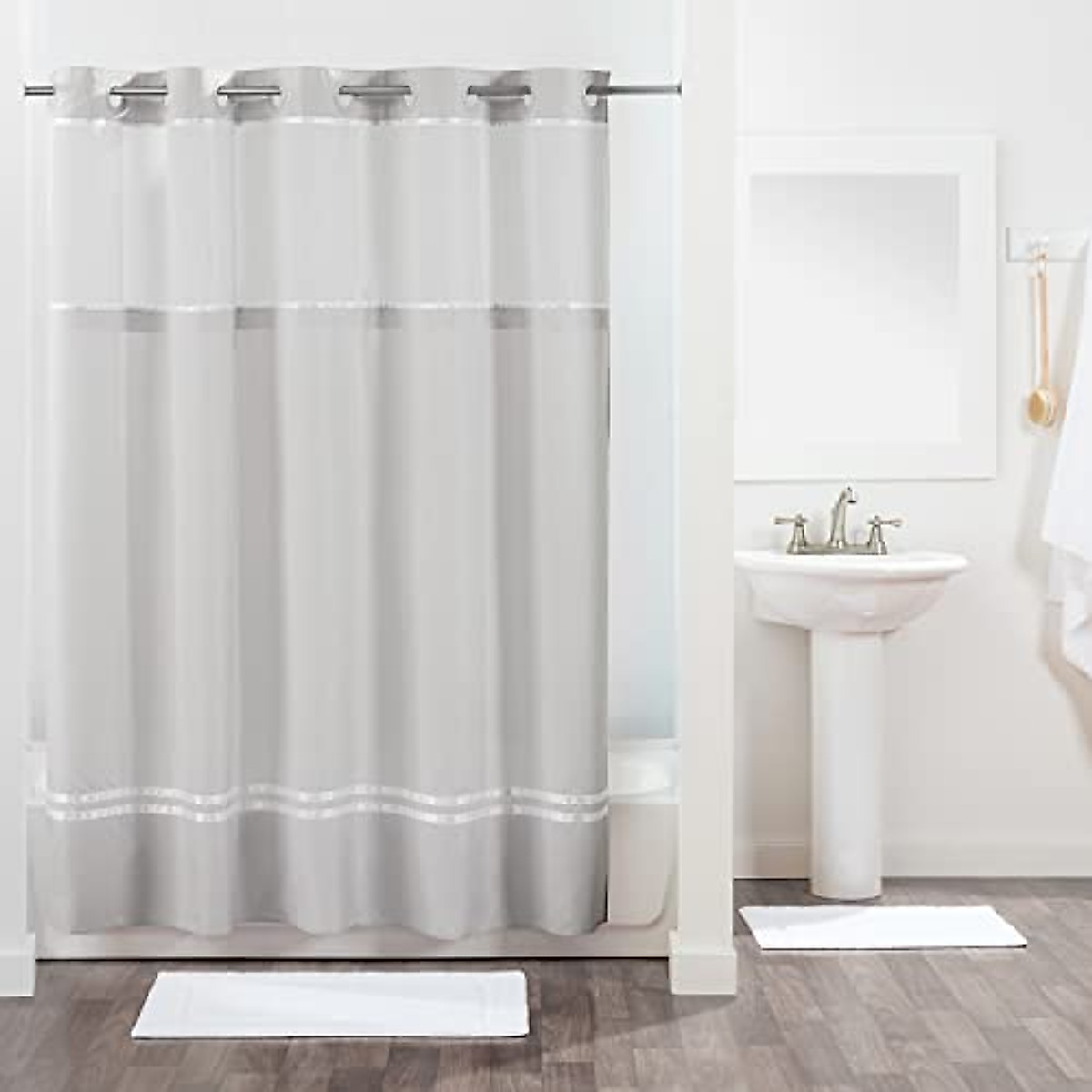 Hookless Monterey Fabric Shower Curtain Set with PEVA Snap-in Liner and Window, No Hooks Required, 71 x 74, Grey/White Color