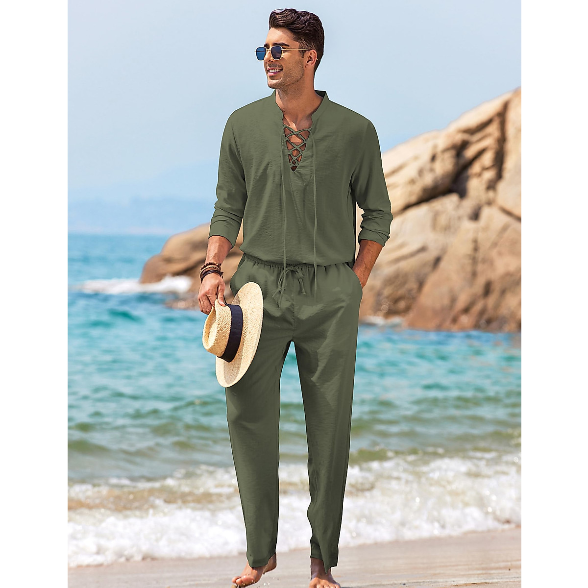 COOFANDY Men's 2 Piece Linen Sets Casual Long Sleeve Shirt and Loose Pants Set Beach Vacation Outfits, Army Green, X-Large