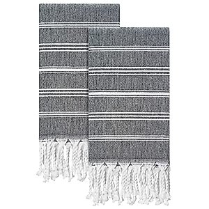 cabanana Cotton Turkish Hand Towel - Set of 2 | Boho Kitchen Tea Towels, 30 x 20 Inches Thin Decorative Bathroom Towel (Black)